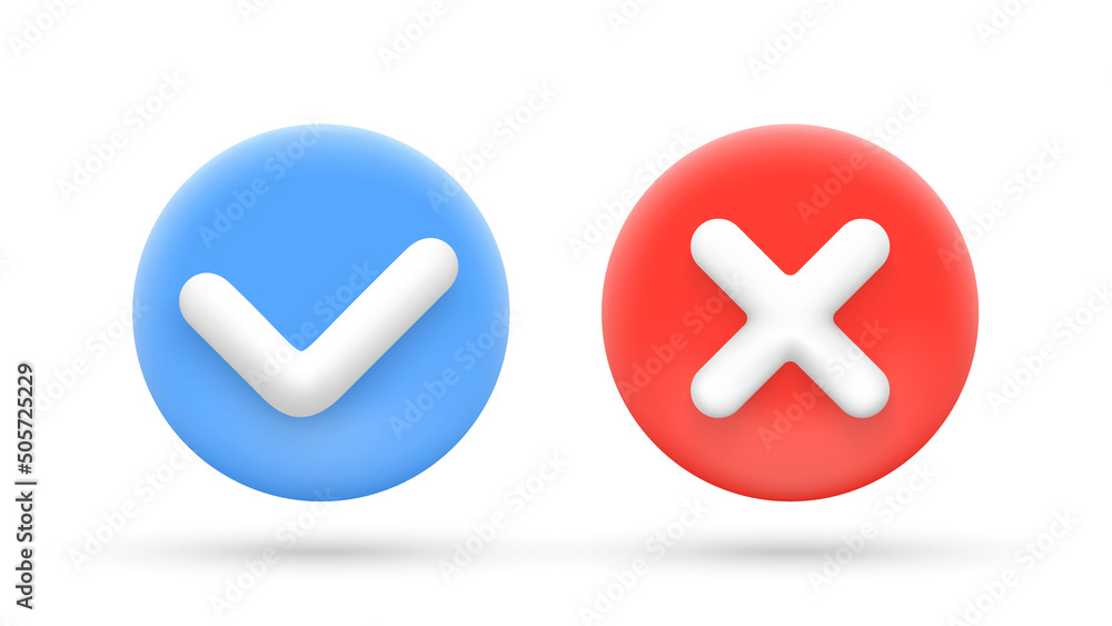 Accept and reject icons in 3d cartoon style. Check mark and cross ...