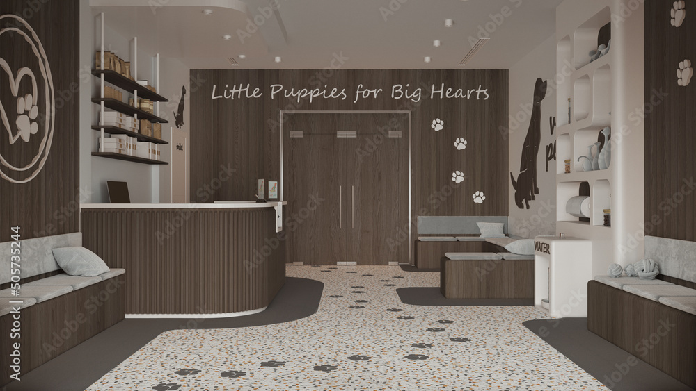 Veterinary clinic interior design in dark wooden tones. Sitting waiting ...