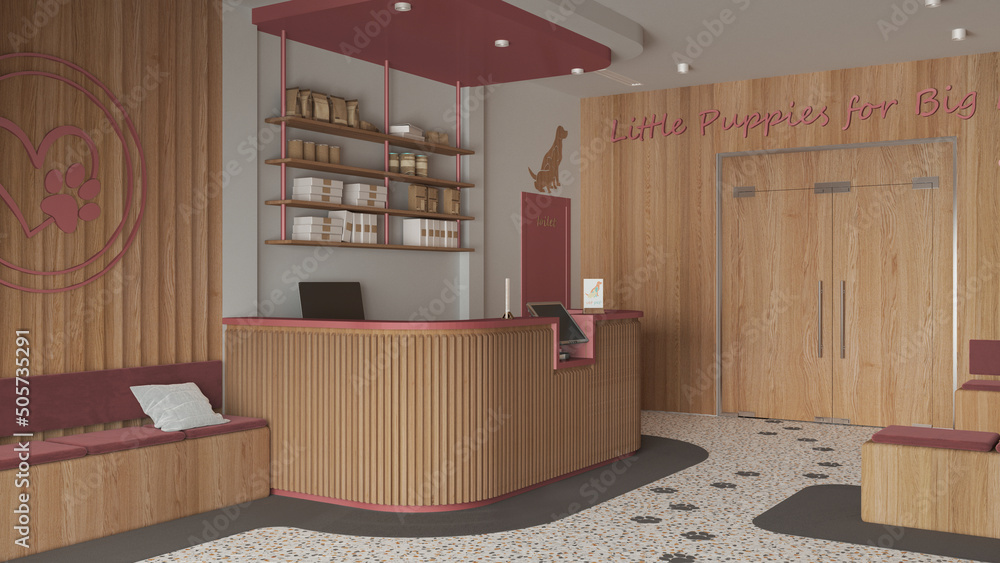 Veterinary hospital design project in red and wooden tones. Reception ...