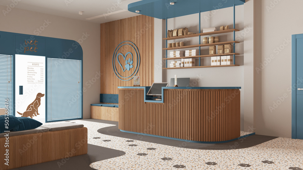 Veterinary clinic waiting room in blue and wooden tones. Reception desk ...