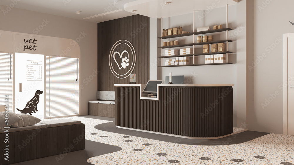 Veterinary clinic waiting room in dark wooden tones. Reception desk ...