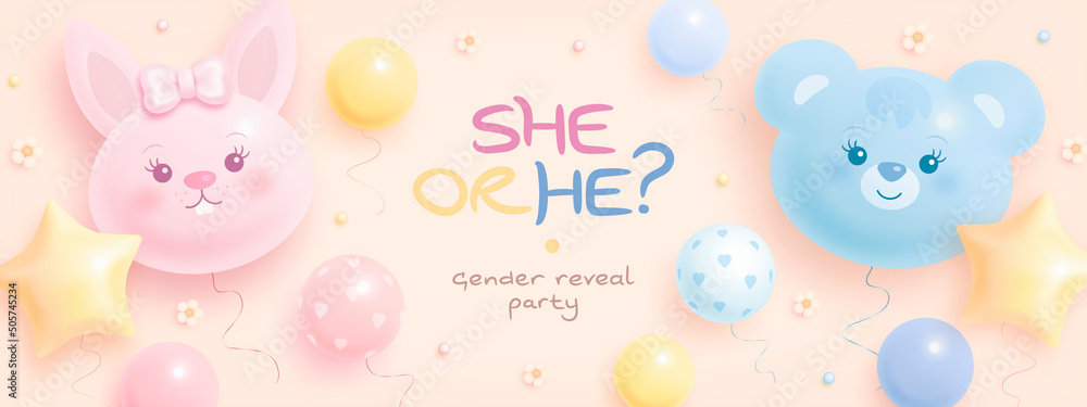 He or she. Cartoon gender reveal invitation template. Horizontal banner ...