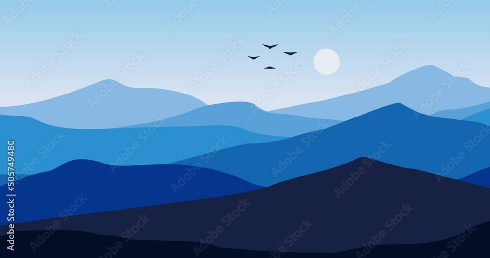 blue layered mountains nature parallax animation video with birds ...