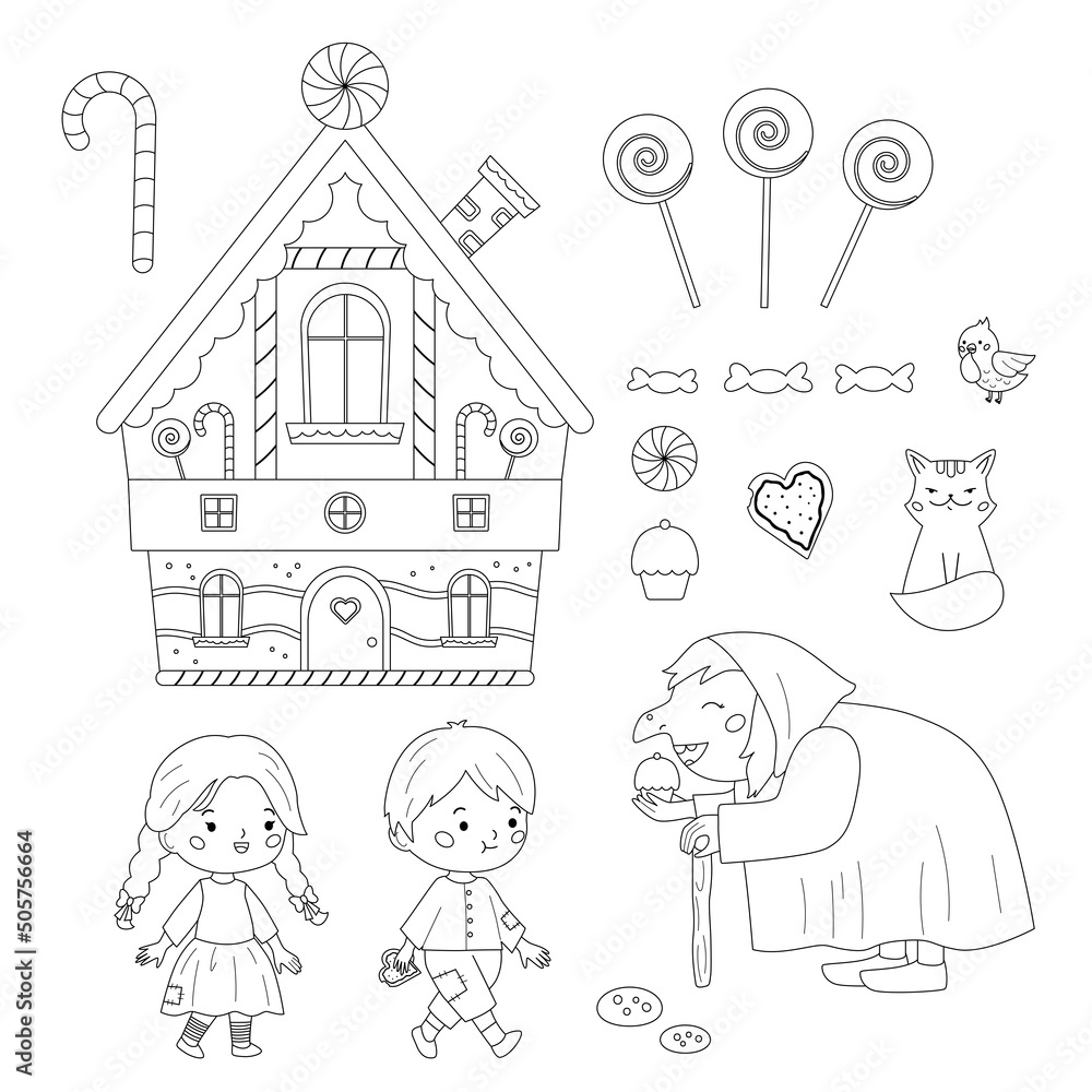Hansel and Gretel coloring page for children. Classic fairy tale. Cute ...