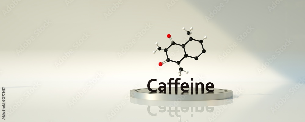 Caffeine formula structure. 3d render. Caffeine stimulates the brain ...