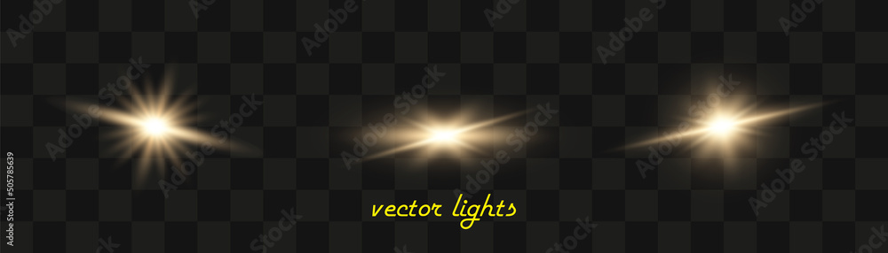 Set of bright gold flashes, lights and sparks on a transparent ...