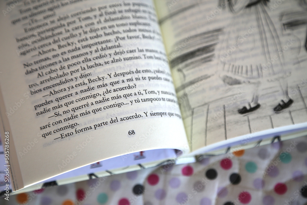 Open book. Reading. Literature. Spanish writing. Classic novel. Letters ...