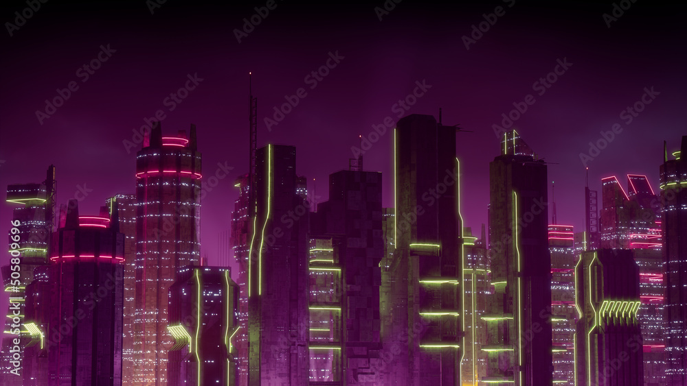 Cyberpunk Metropolis with Pink and Yellow Neon lights. Night scene with ...