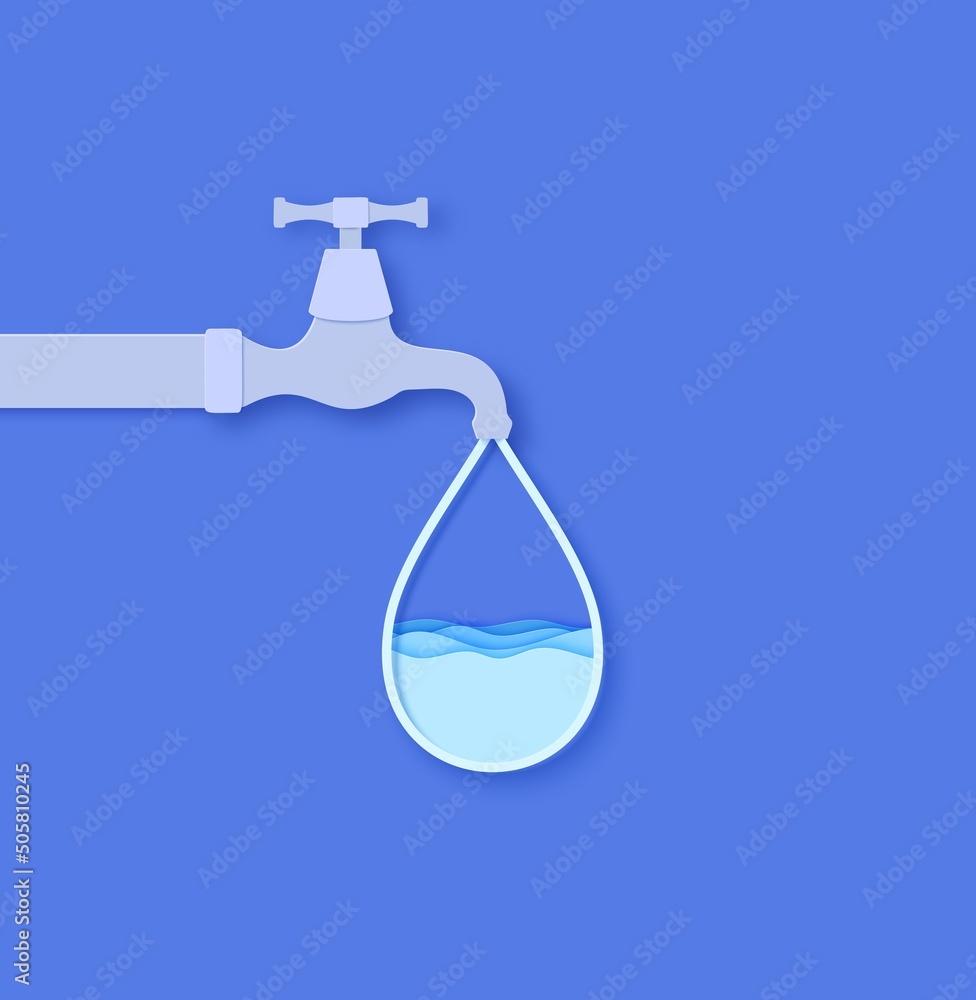 Faucet from which water drop flows in paper cut style. Flowing liquid ...
