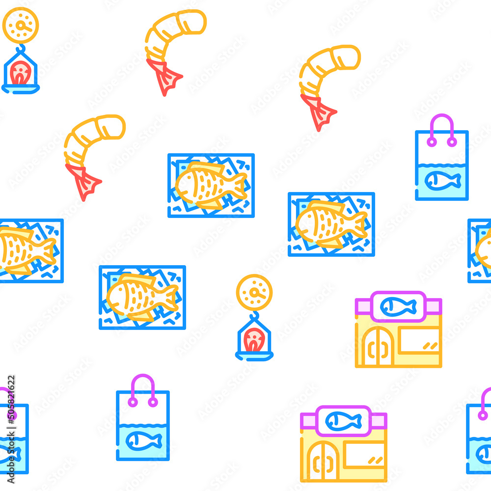 Fish Market Product Vector Seamless Pattern Color Line Illustration ...
