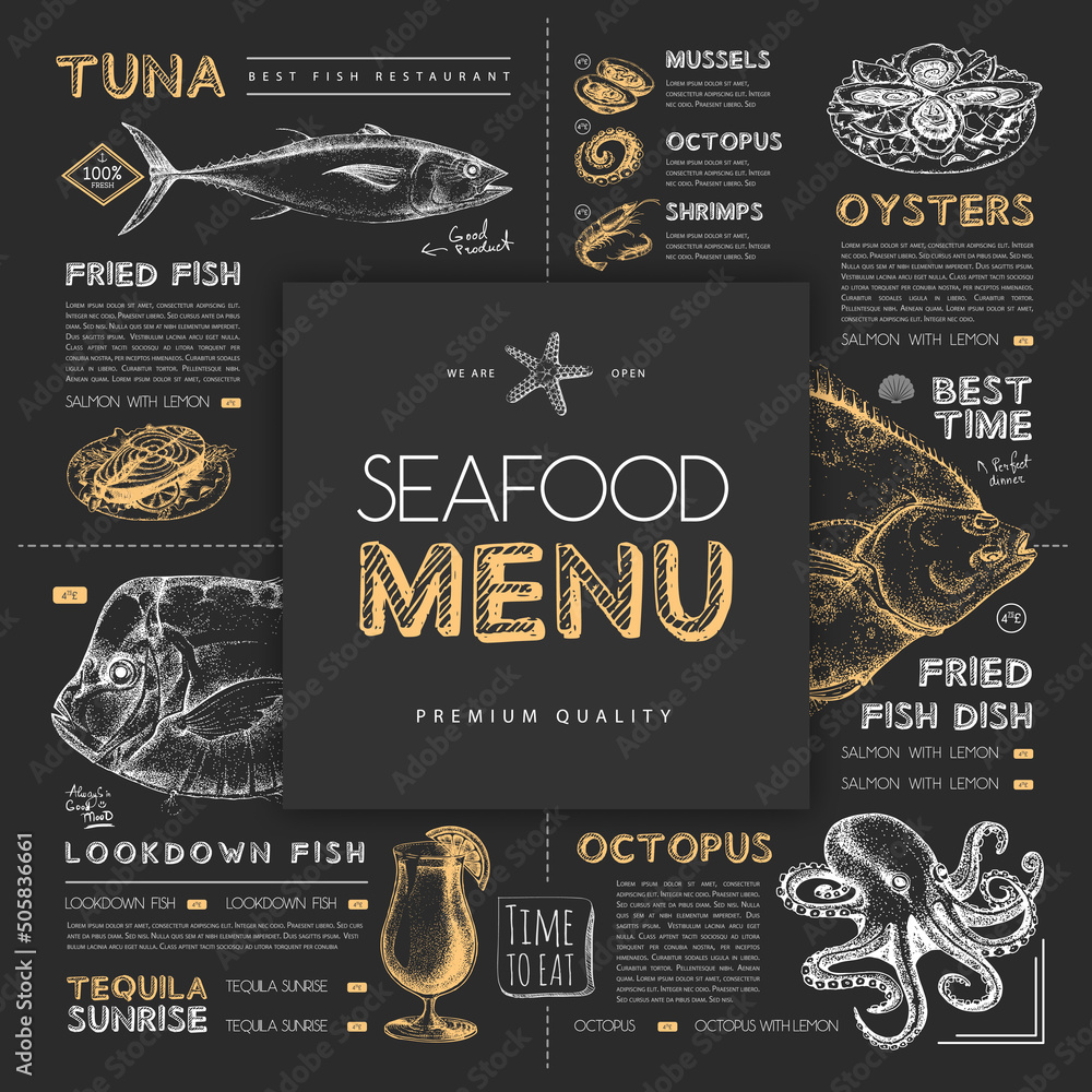 Chalk drawing seafood restaurant menu design with hand drawing fish ...