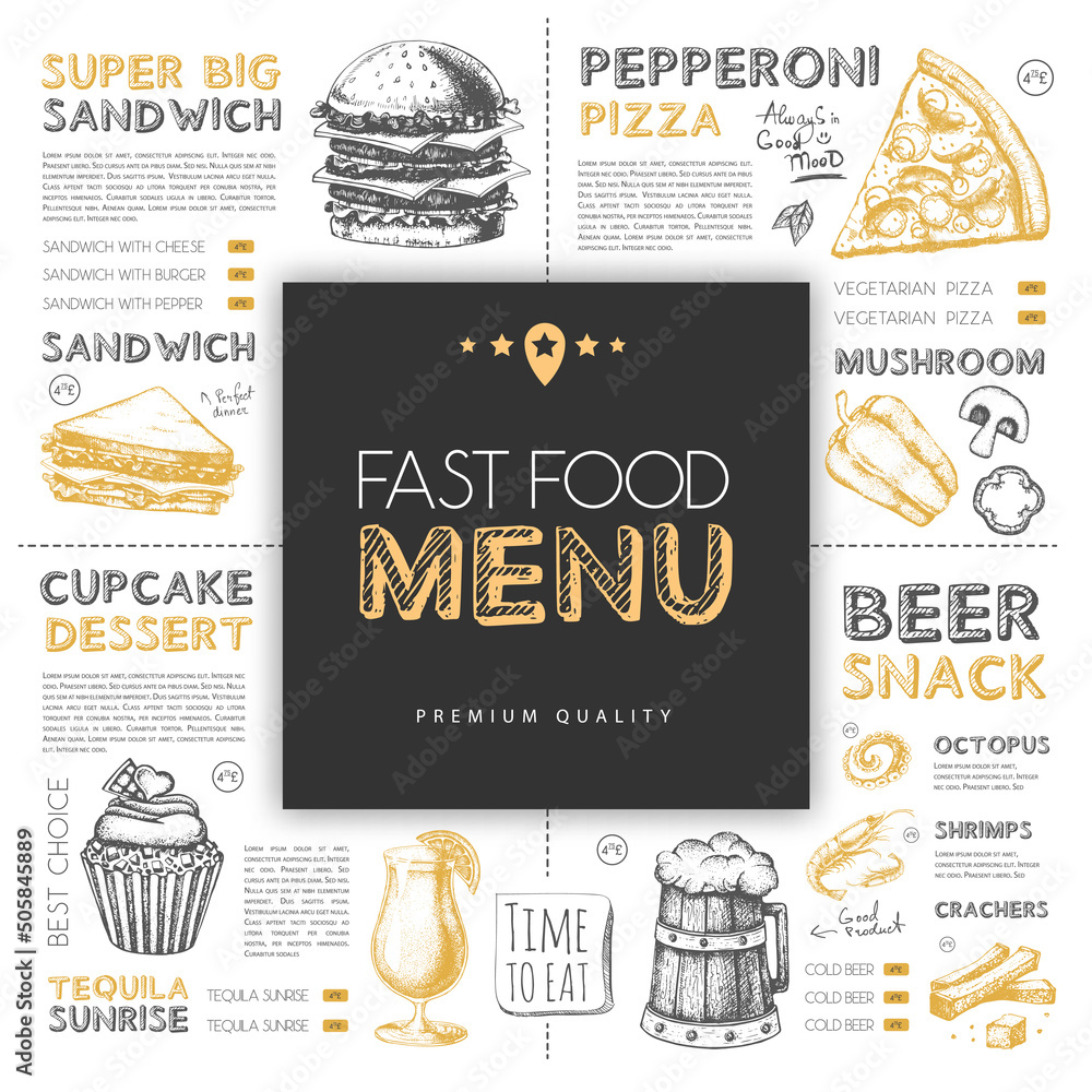 Fast food restaurant menu design with hand drawing sandwich and pizza ...