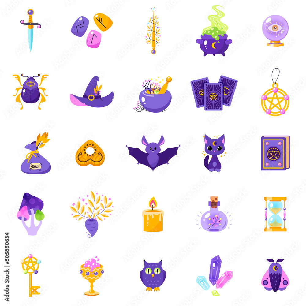Set of 25 magic icons. Cartoon illustration of occult objects such as ...
