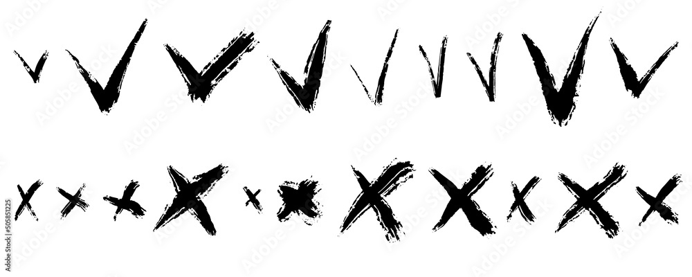 Hand drawn checkmarks crosses signs. Doodle check marks answers in test ...
