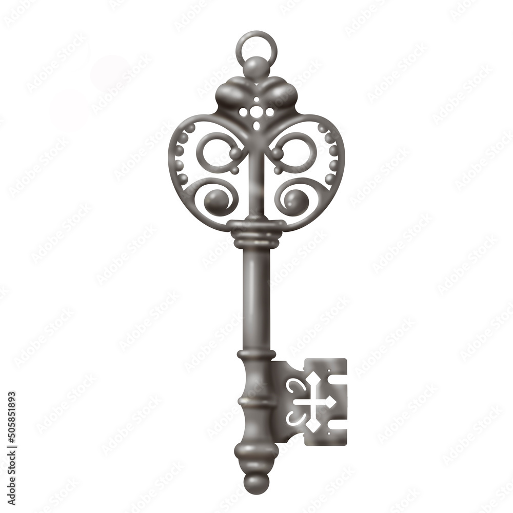 Isolated realistic images of vintage keys in silver color style with ...