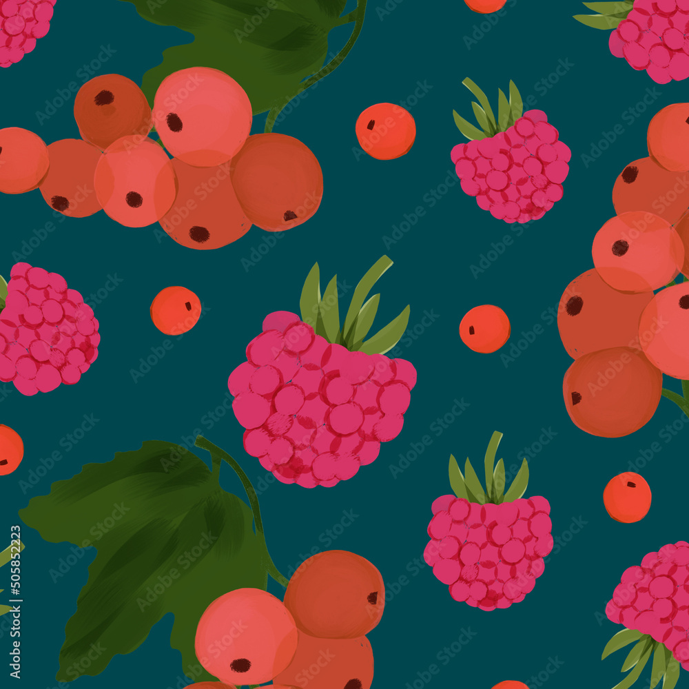 Seamless berry pattern on dark background, Summer repeat ornament ...