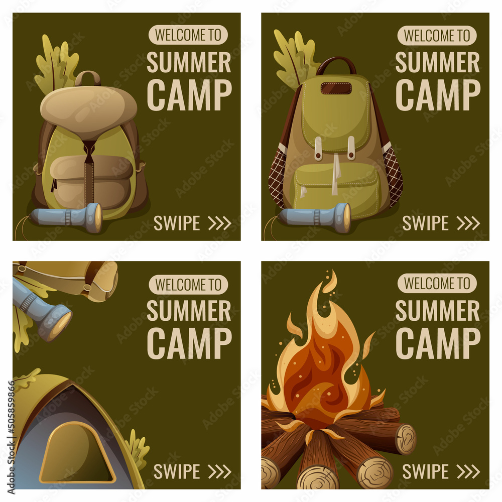 Camping set with text welcome to summer camp. Square vector ...
