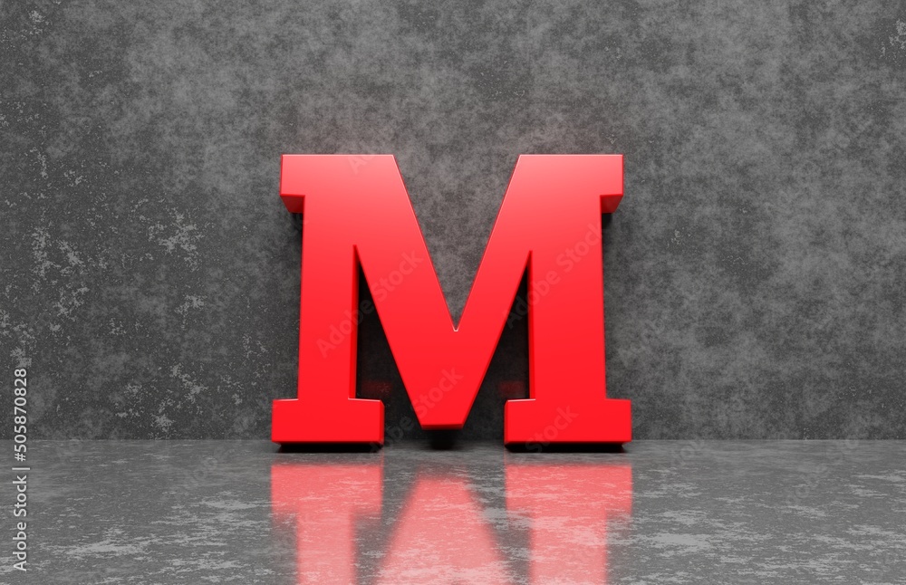 Red letter M on concrete wall an floor background series 3D render ...