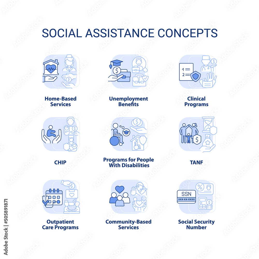 Social assistance light blue concept icons set. Help for needy people ...