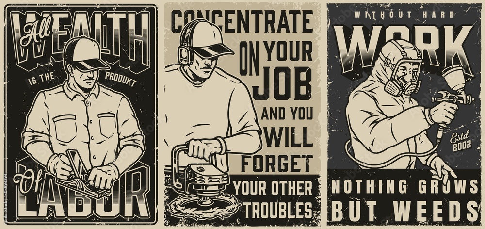 Labourers posters set with motivational words Stock Vector | Adobe Stock