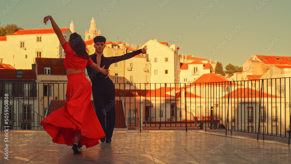 Beautiful Couple Dancing a Latin Dance Outside the City with Old Town ...