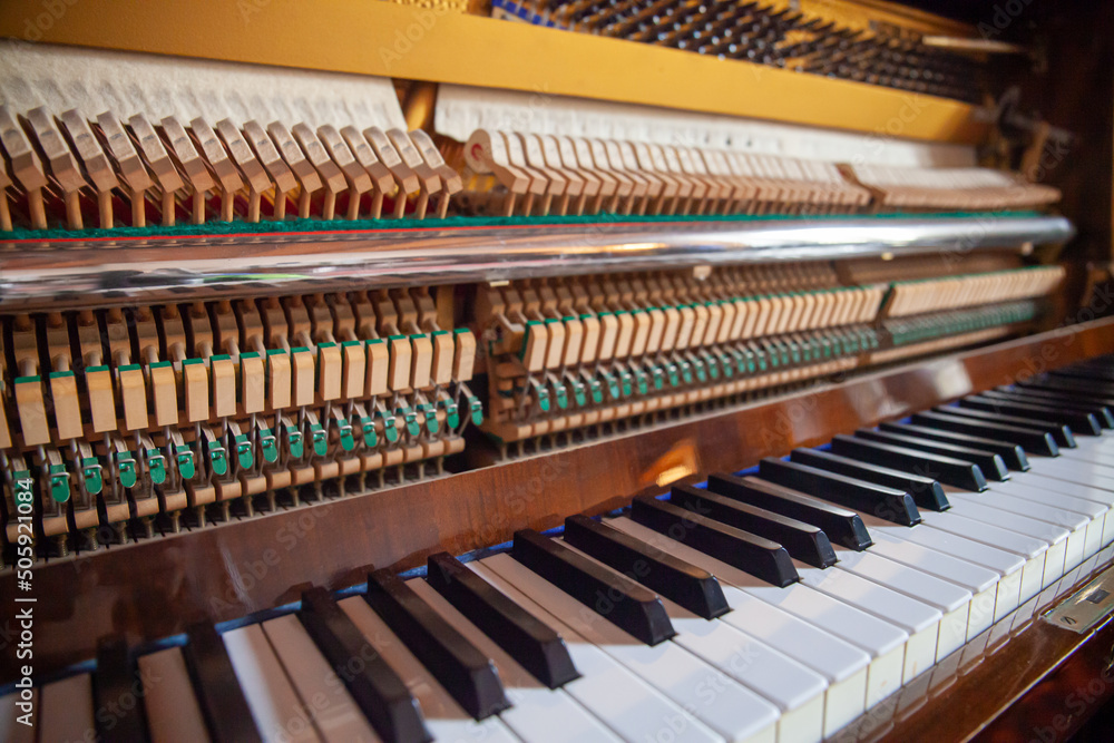 Open upright piano. Piano action close up. Piano action, internal ...