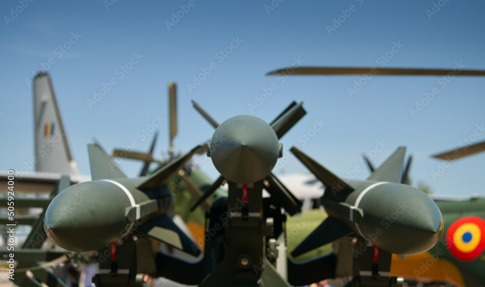 Detail view of a military rocket launch system on the field used during ...
