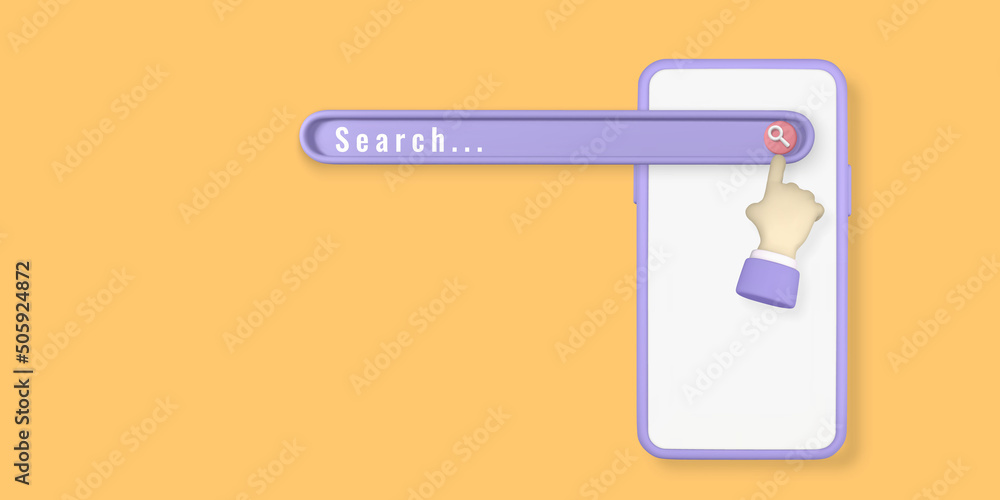 Realistic 3d phone with search bar element and hand pointing in cartoon ...
