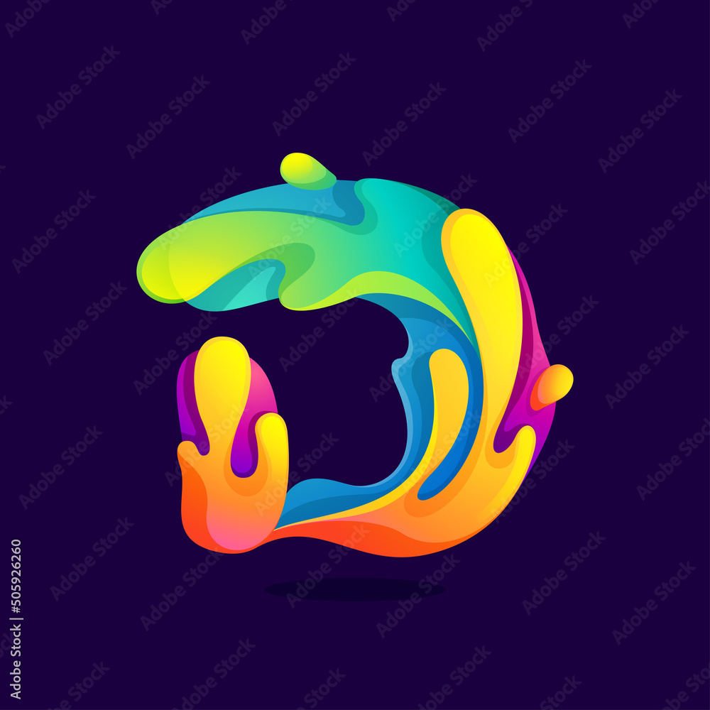 D letter logo with juice splash, waves, and drops. Multicolor icon with ...