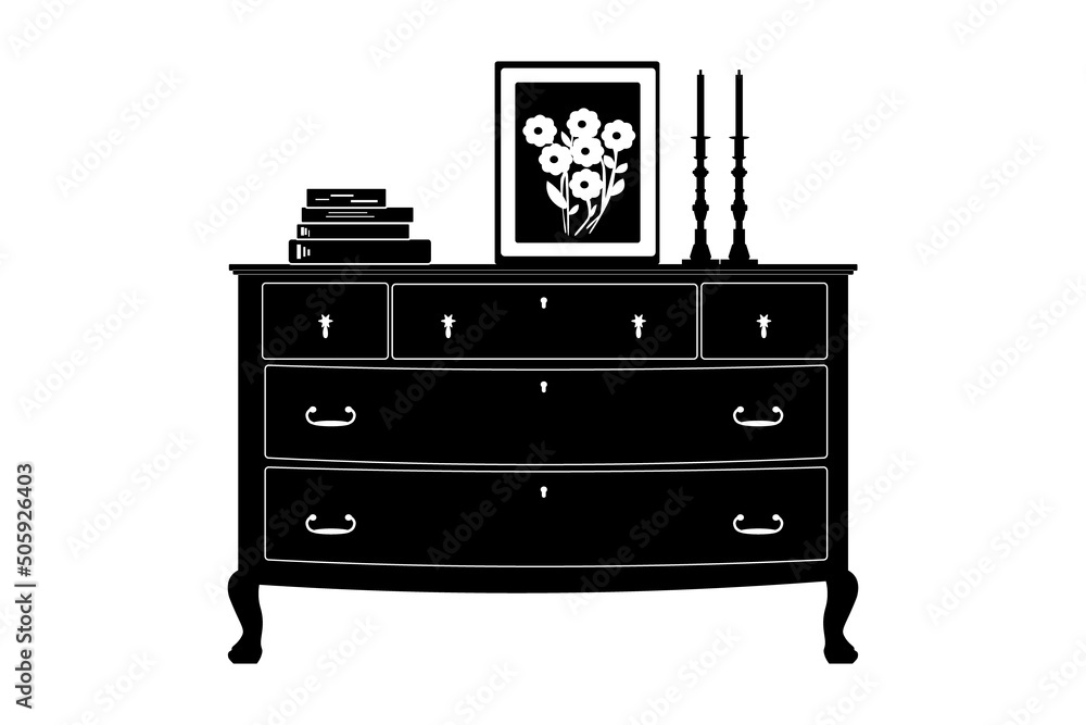 Wooden commode with drawers, candlestick, book and picture isolated on ...