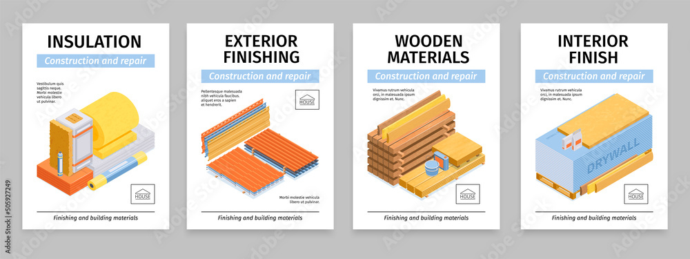 Isometric Construction Materials Banners Poster Set Stock Vector ...