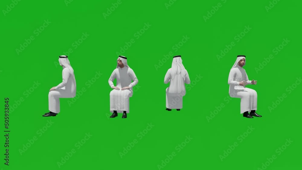 Arabic man in sitting pose front view and side view, realistic 3D ...