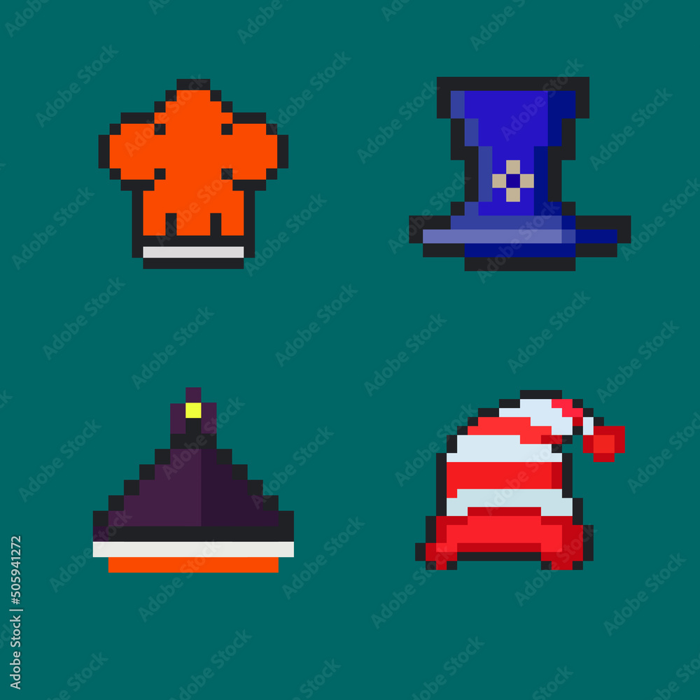 Pixel art hat set 8bit pixel art game sprite item with solid color ...
