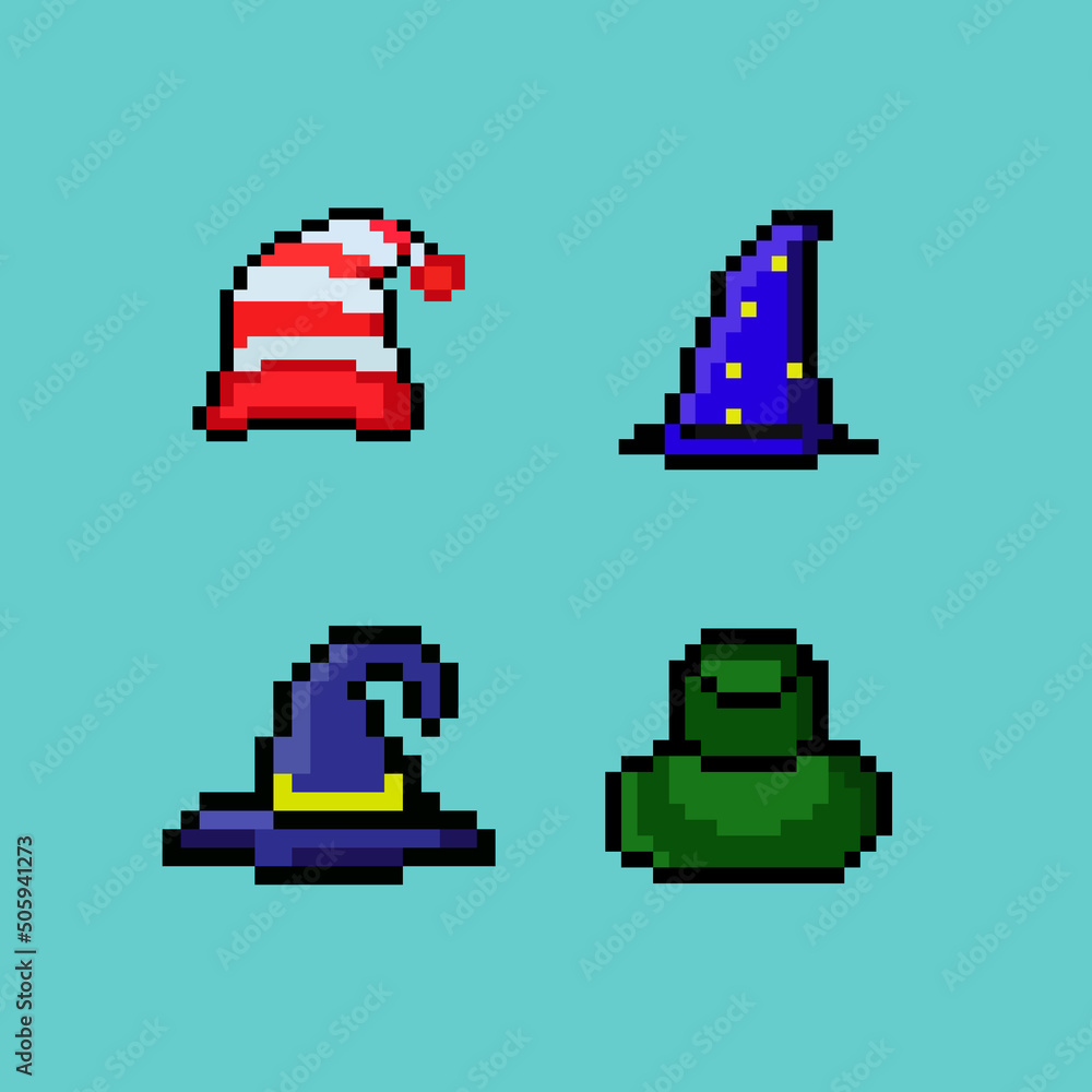 Pixel art hat set 8bit pixel art game sprite item with solid color ...