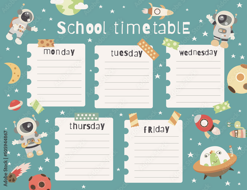 Space School Timetable, Lesson Schedule template. Vector illustration ...