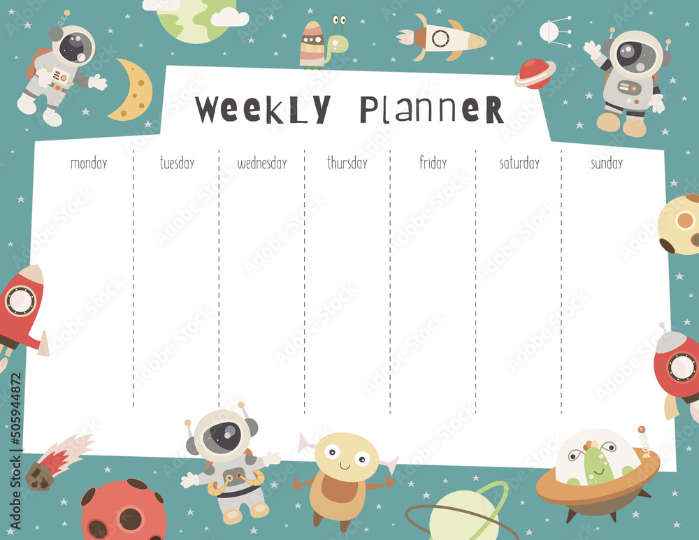 Space Weekly Planner with Astronauts, cute aliens, planets, rockets on ...