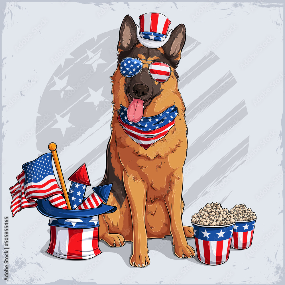 German Shepherd dog breed in 4th of July disguise wearing Uncle Sam hat ...