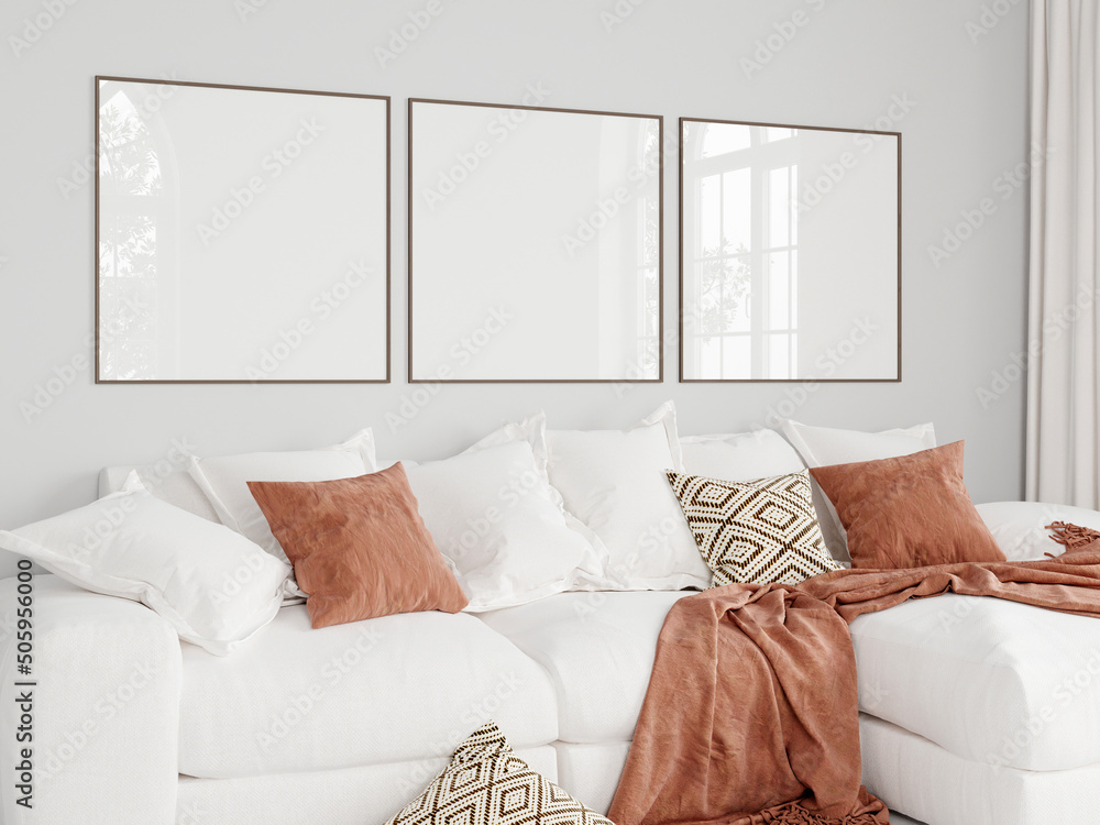 frame mockup, three square frames in modern living room interior, 3d ...