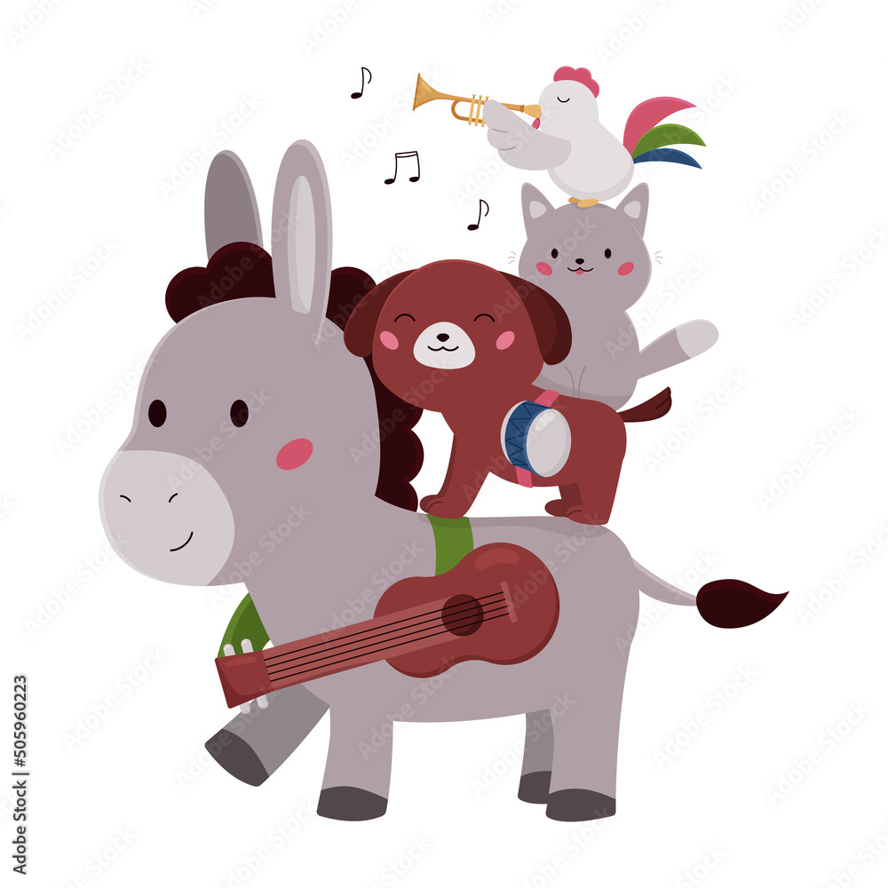 Bremen town musicians on white background. Cartoon kawaii animals ...