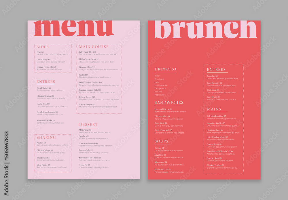 Bold Menu Layout with Pink and Orange Accent Stock Template | Adobe Stock