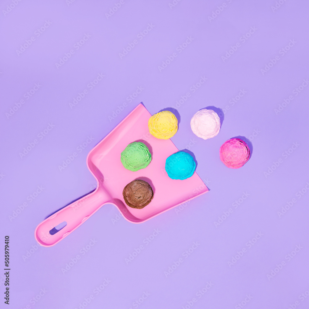 Summer creative layout with ice cream balls on a garbage can on a ...
