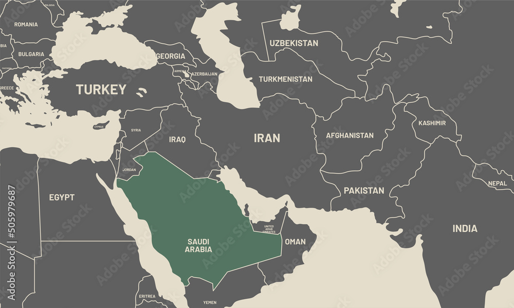 Saudi Arabia on world map. Saudi Arabia colored differently from other ...