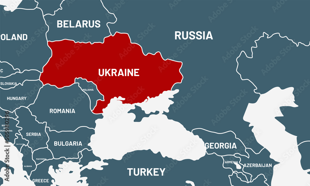 Ukraine on world map. Ukraine colored differently from other countries. Zoomed map of Russia and ...