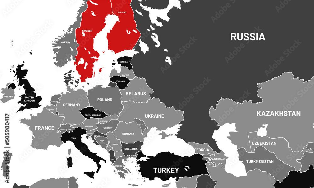 Sweden and Finland map on world map. The borders of Sweden and Finland ...