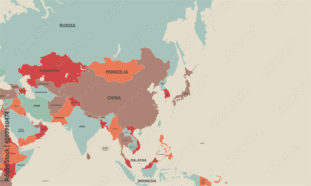Asia map in pastel colors. Zoomed map of asia. Country borders are ...