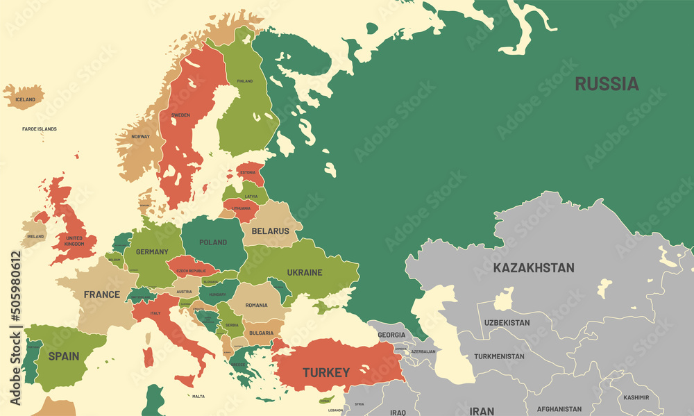 Colorized Map of Europe. Separately with other countries in color ...
