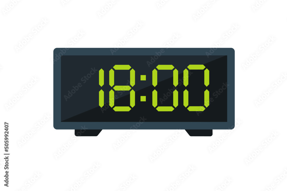 Vector flat illustration of a digital clock displaying 18.00 ...