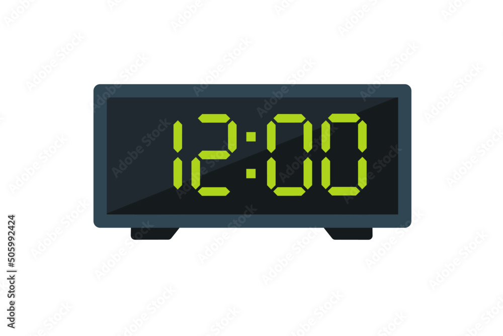 Vector flat illustration of a digital clock displaying 12.00 ...