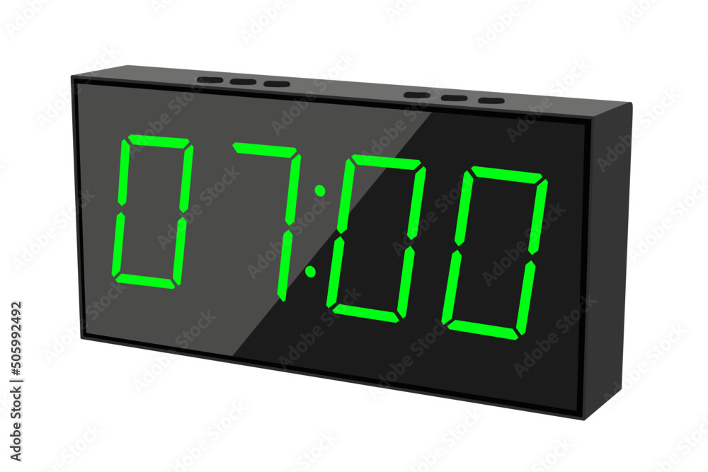 Vector flat illustration of a digital clock displaying 07.00 ...