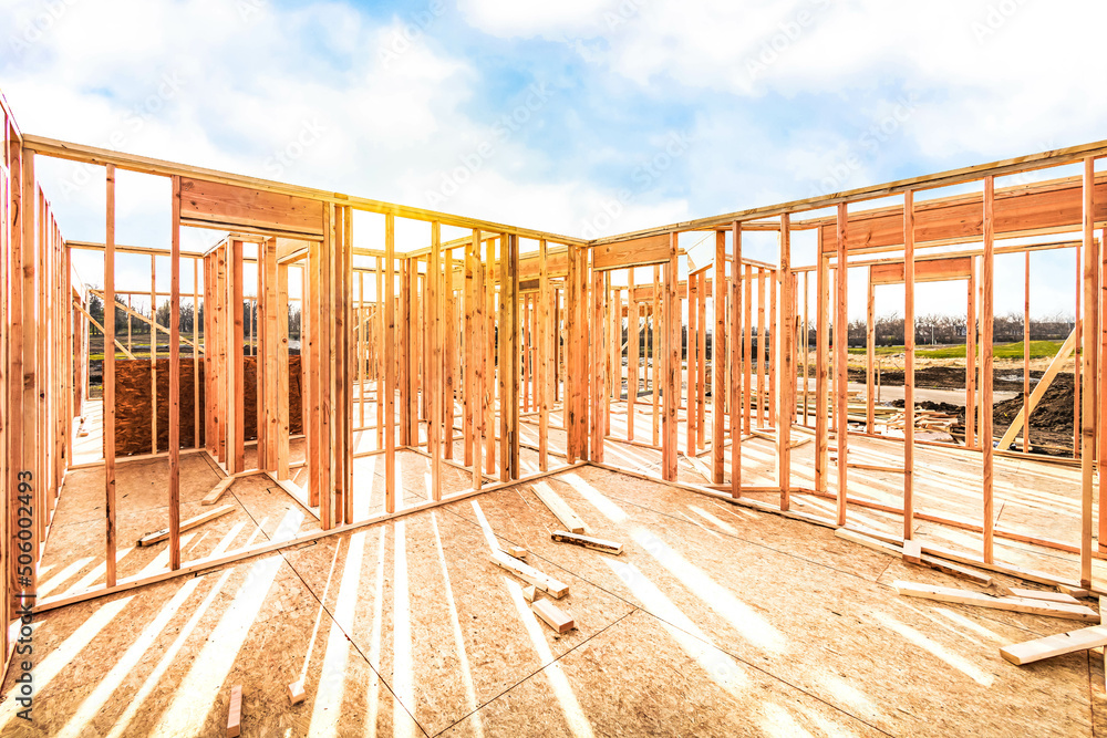 Beautiful scene of wood framing and flooring structure against cloudy ...